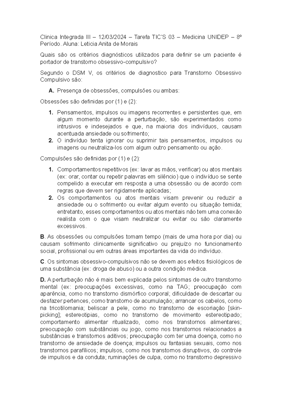 TICS 03 - Transtorno Obsessivo - Compulsivo - Clinica Integrada III – 12/03/2024 – Tarefa TIC’S ...