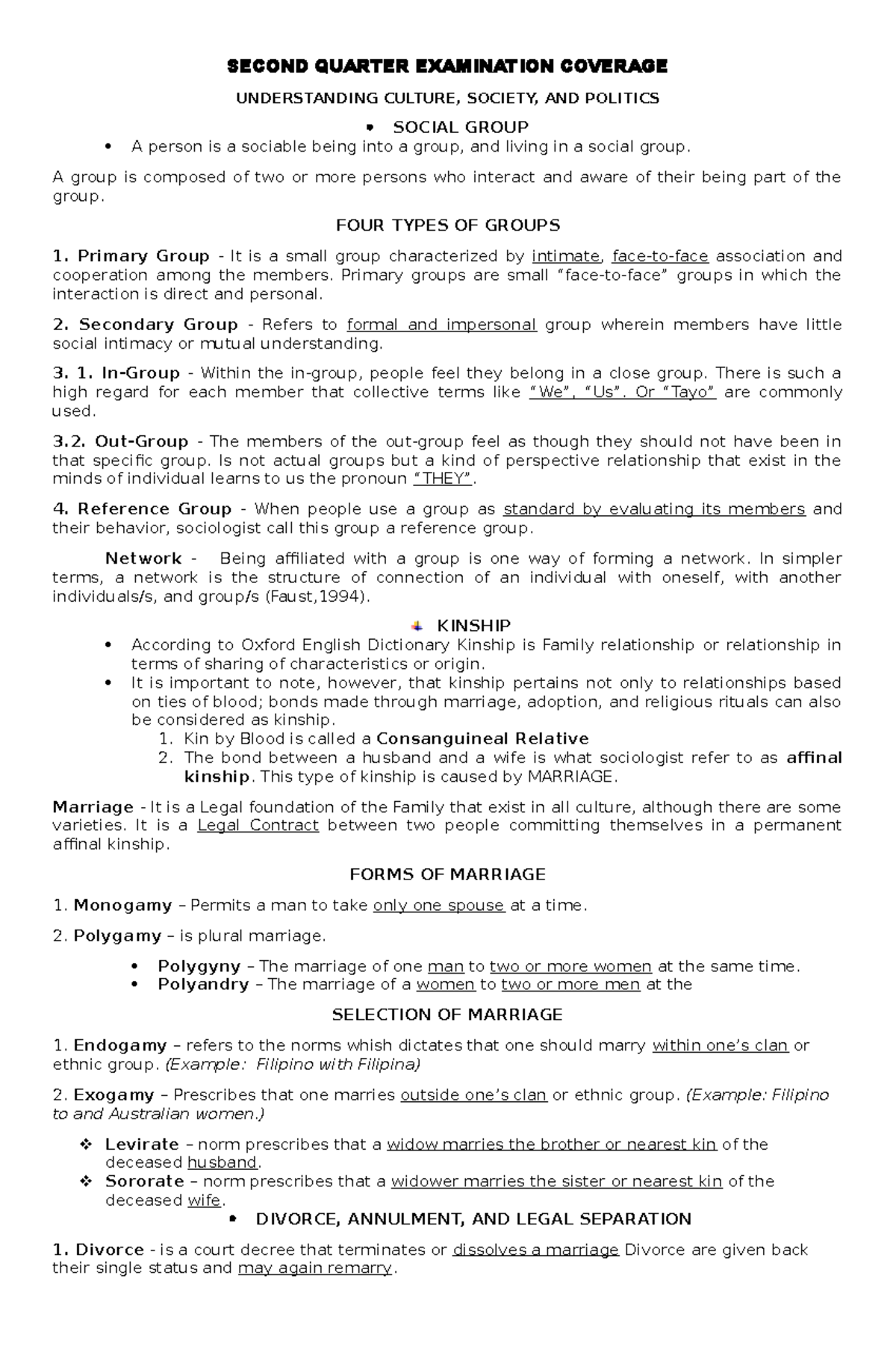 UCSP Second- Quarter- Examination- Coverage - SECOND QUARTER ...