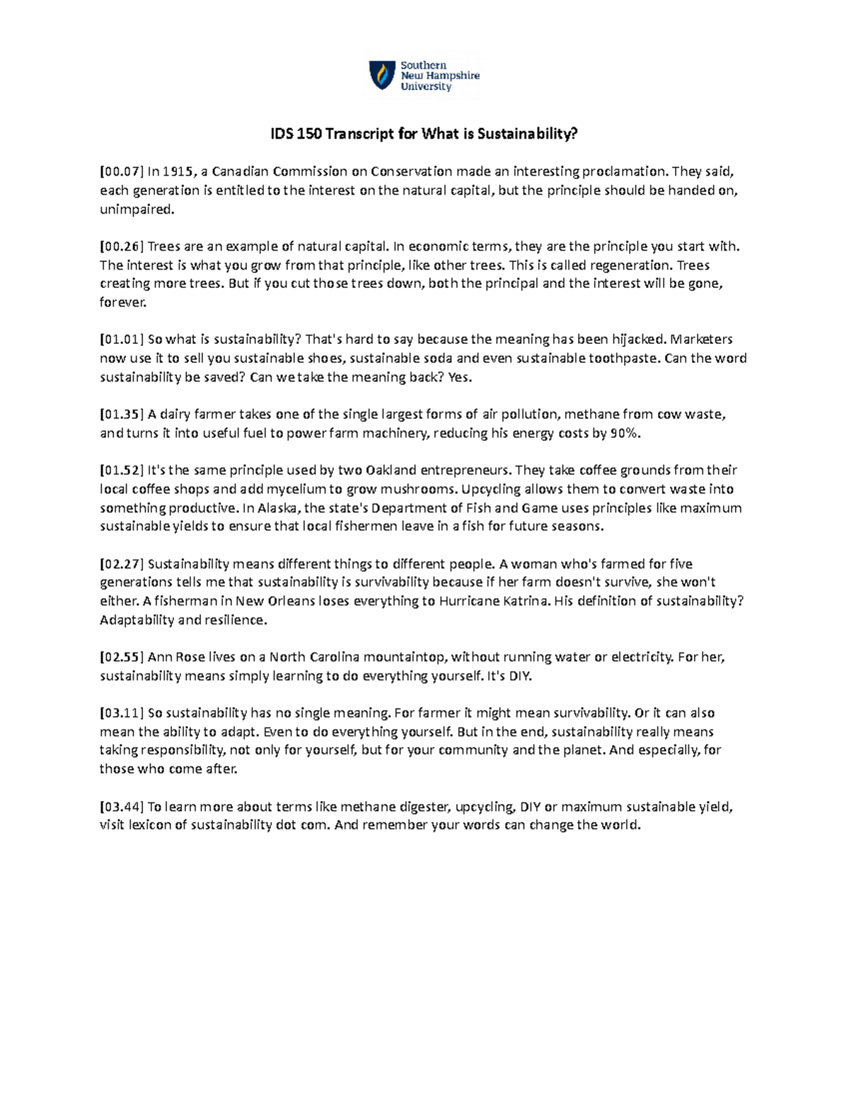 IDS 150 Transcript for What Is Sustainability - IDS 150 Transcript for ...