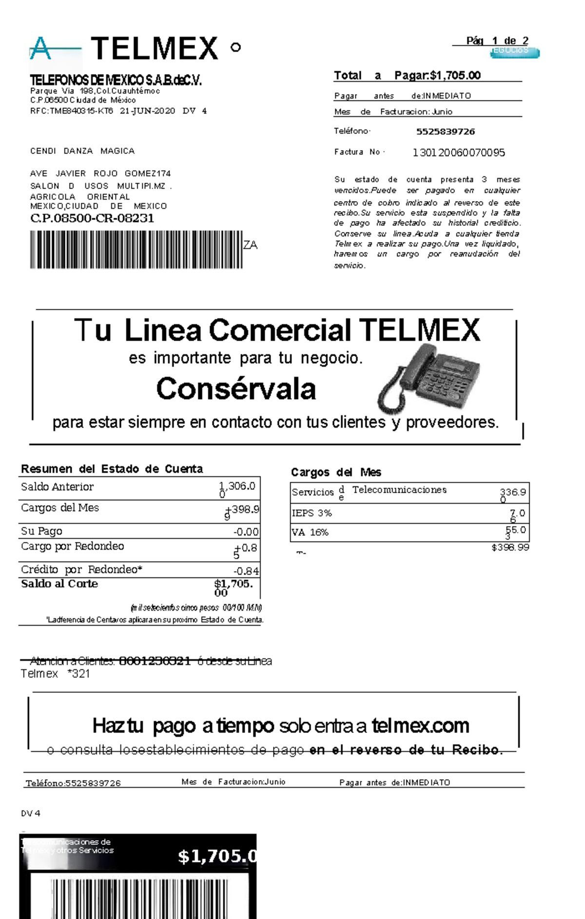 508237692-Recibo telmex(OCR)(OCR) - A TELMEX。 NEGOCloS TELEFONOS DE ...