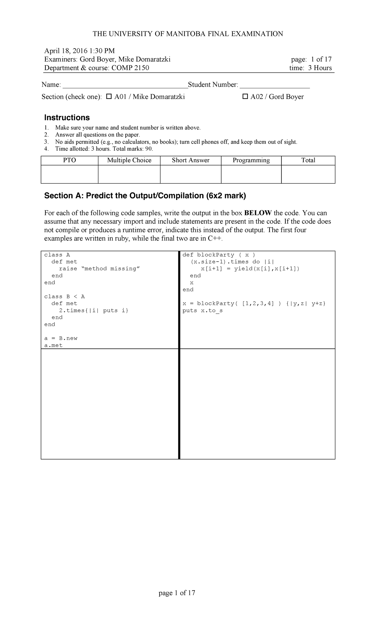COMP2150Winter 2016 Final EXAM - April 18, 2016 1:30 PM Examiners: Gord ...