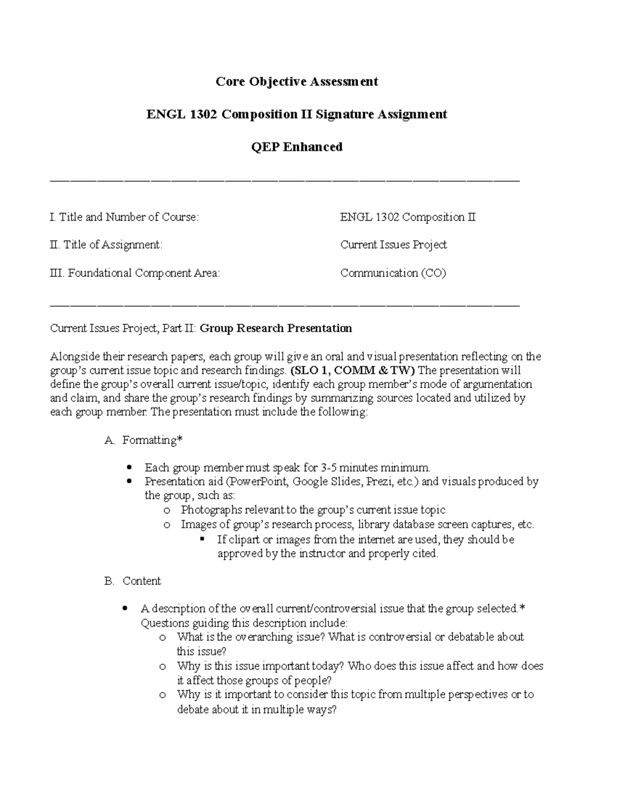 ENGL 1302 Group Presentation Guidelines - Core Objective Assessment ...