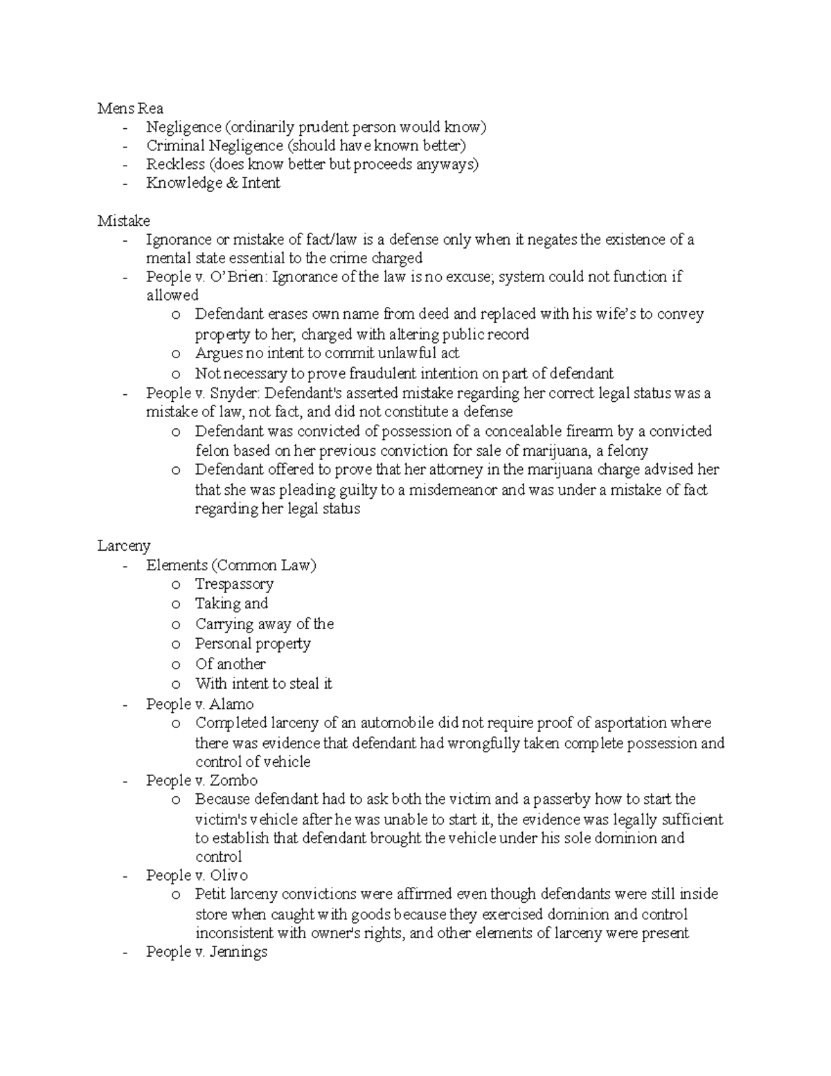 Crim Outline - David Jaros - Mens Rea - Negligence (ordinarily prudent ...