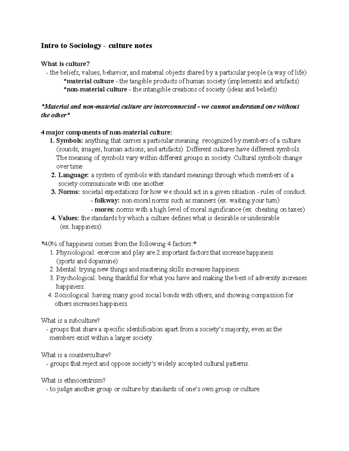 Intro to sociology culture notes - Intro to Sociology - culture notes ...