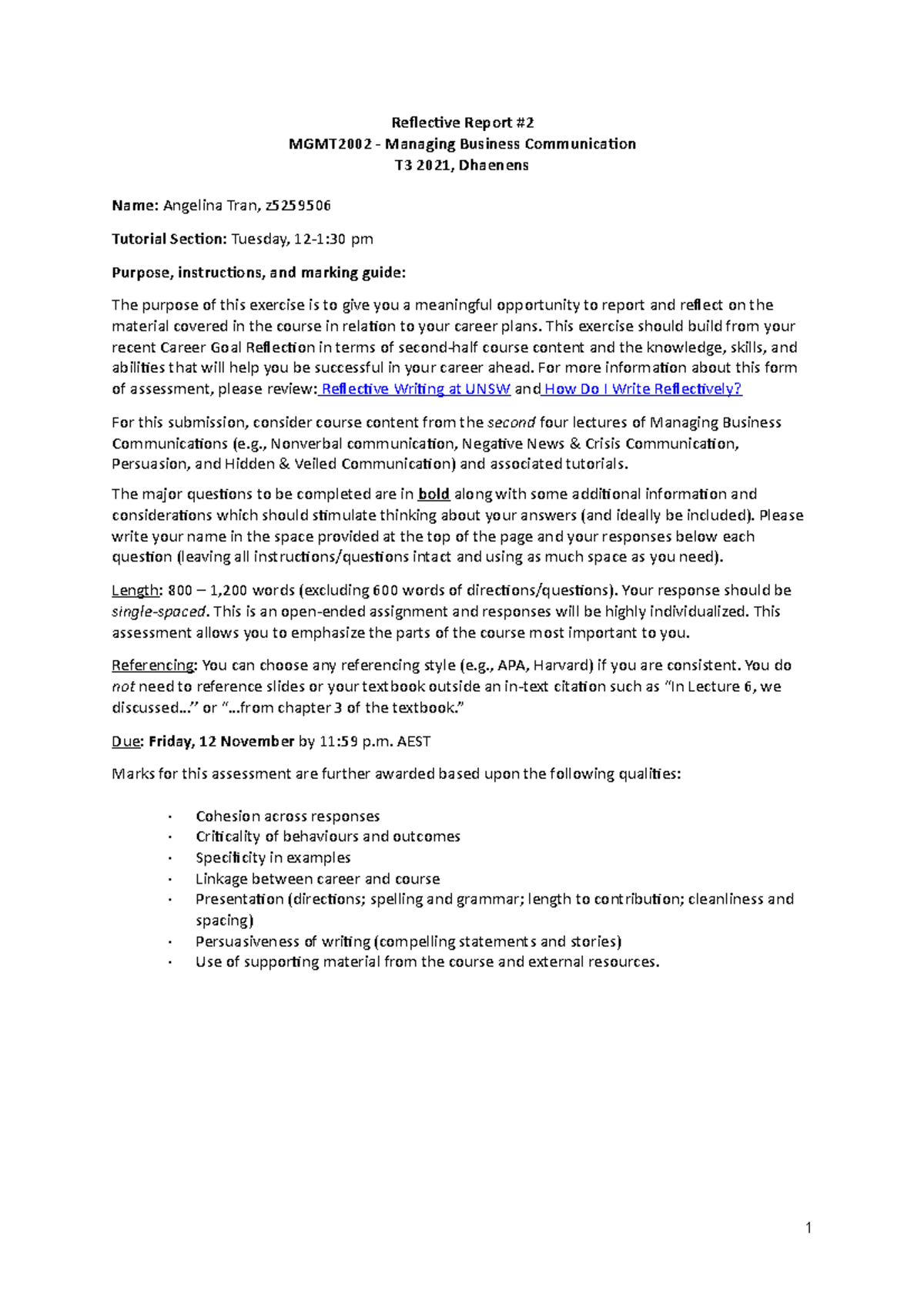 Managing Business Communication Reflective Report #2 - Reflective ...