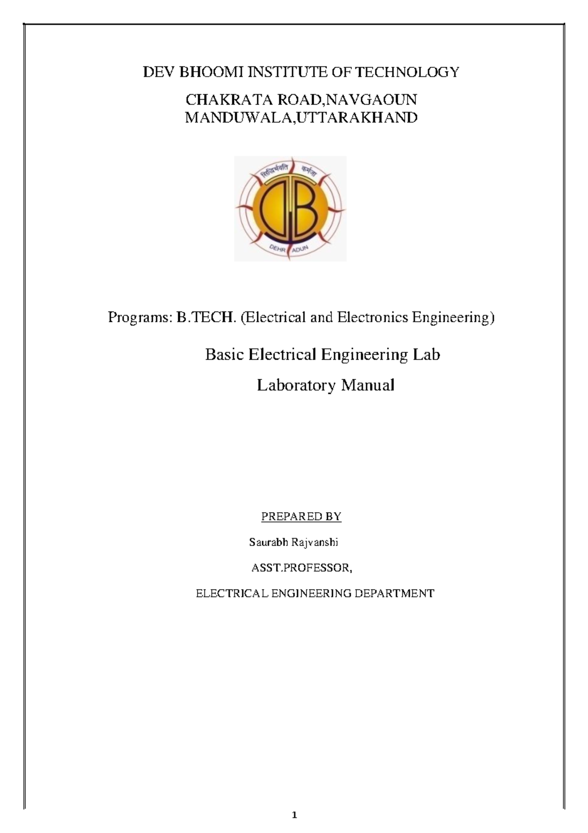 Basic electrical engineering lab - DEV BHOOMI INSTITUTE OF TECHNOLOGY ...