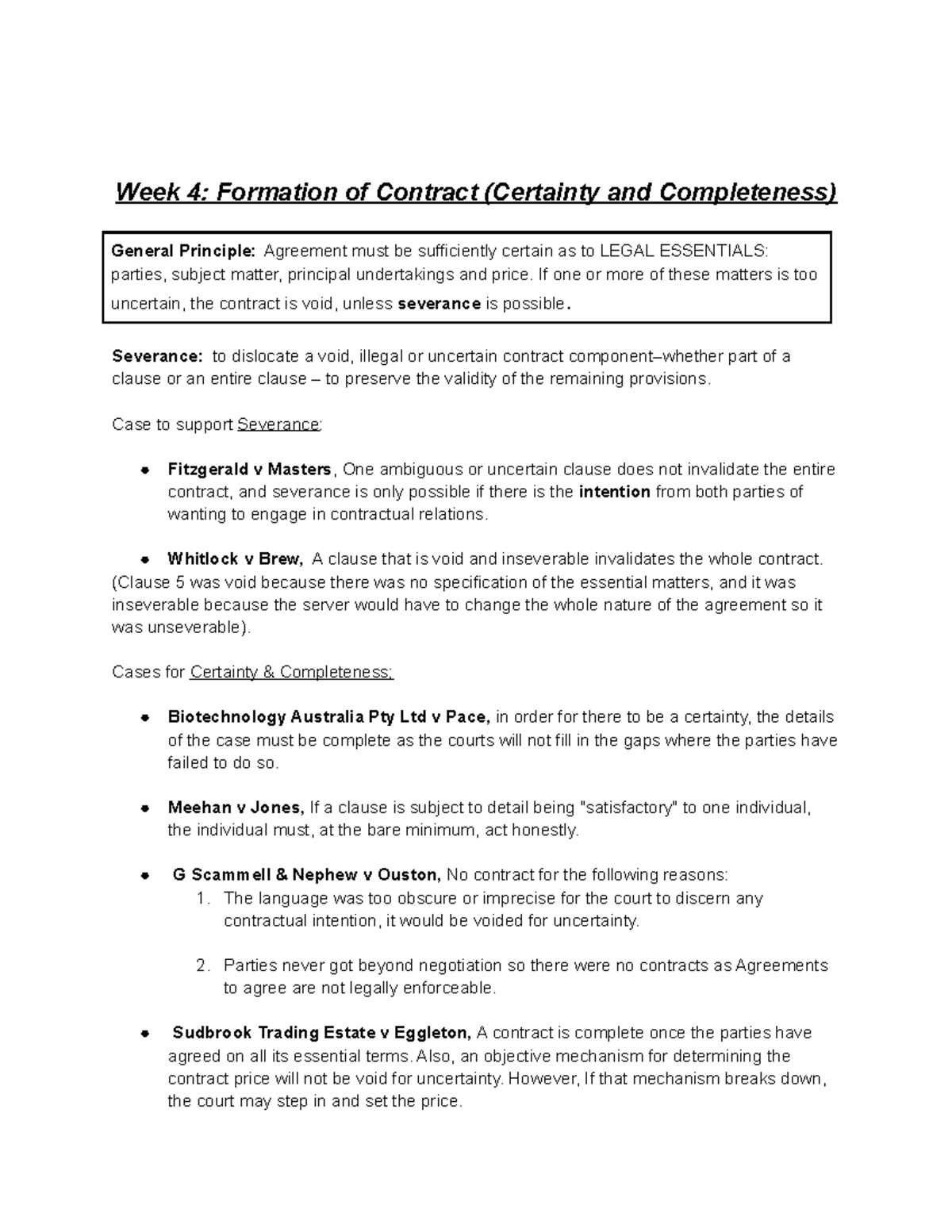 Copy of Law17001 Notes For Exam - Week 4: Formation of Contract ...