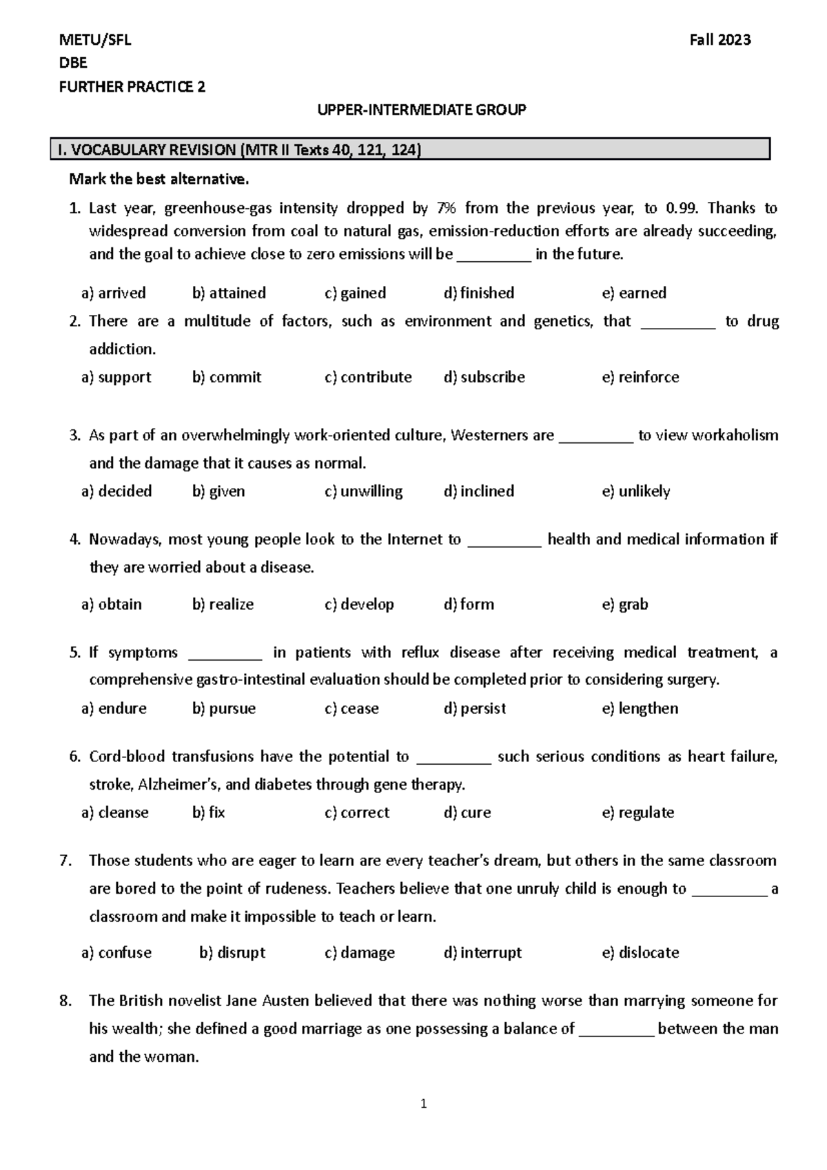 Further Practice 2 - METU/SFL Fall 2023 DBE FURTHER PRACTICE 2 UPPER ...
