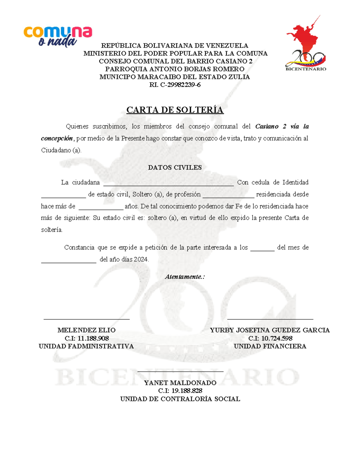 Carta DE Solteria - REPÚBLICA BOLIVARIANA DE VENEZUELA MINISTERIO DEL ...