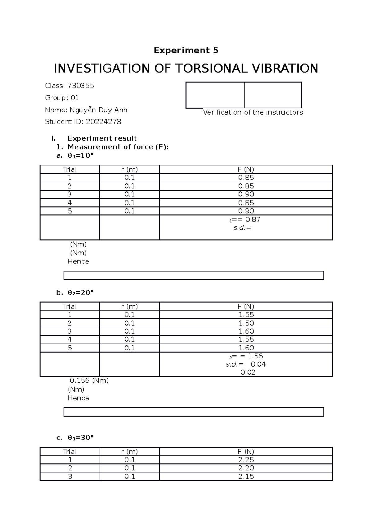 Danh lab 5 - gwgwefwef - Experiment 5 INVESTIGATION OF TORSIONAL ...