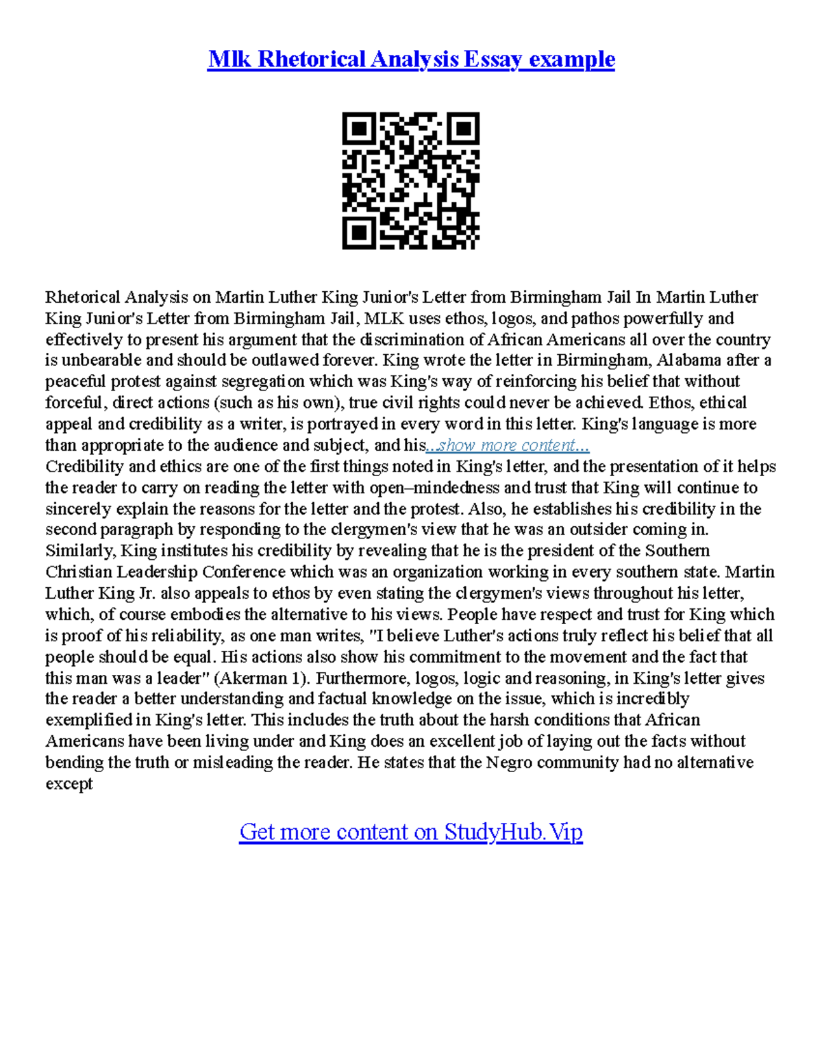 Mlk Essay Mlk Essay - Mlk Rhetorical Analysis Essay example Rhetorical ...