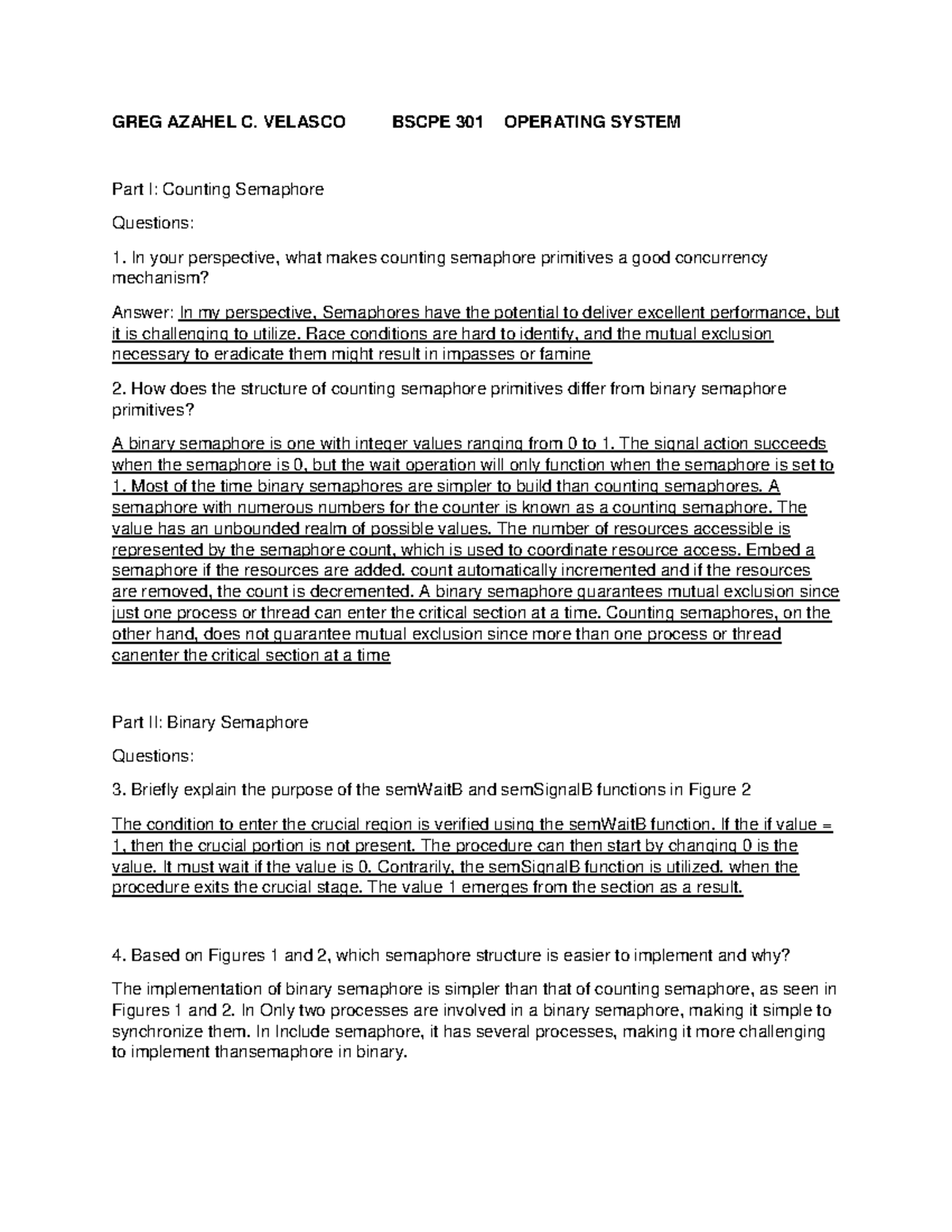 take 04 Quiz 1 h - GREG AZAHEL C. VELASCO BSCPE 301 OPERATING SYSTEM Part I: Counting Semaphore ...