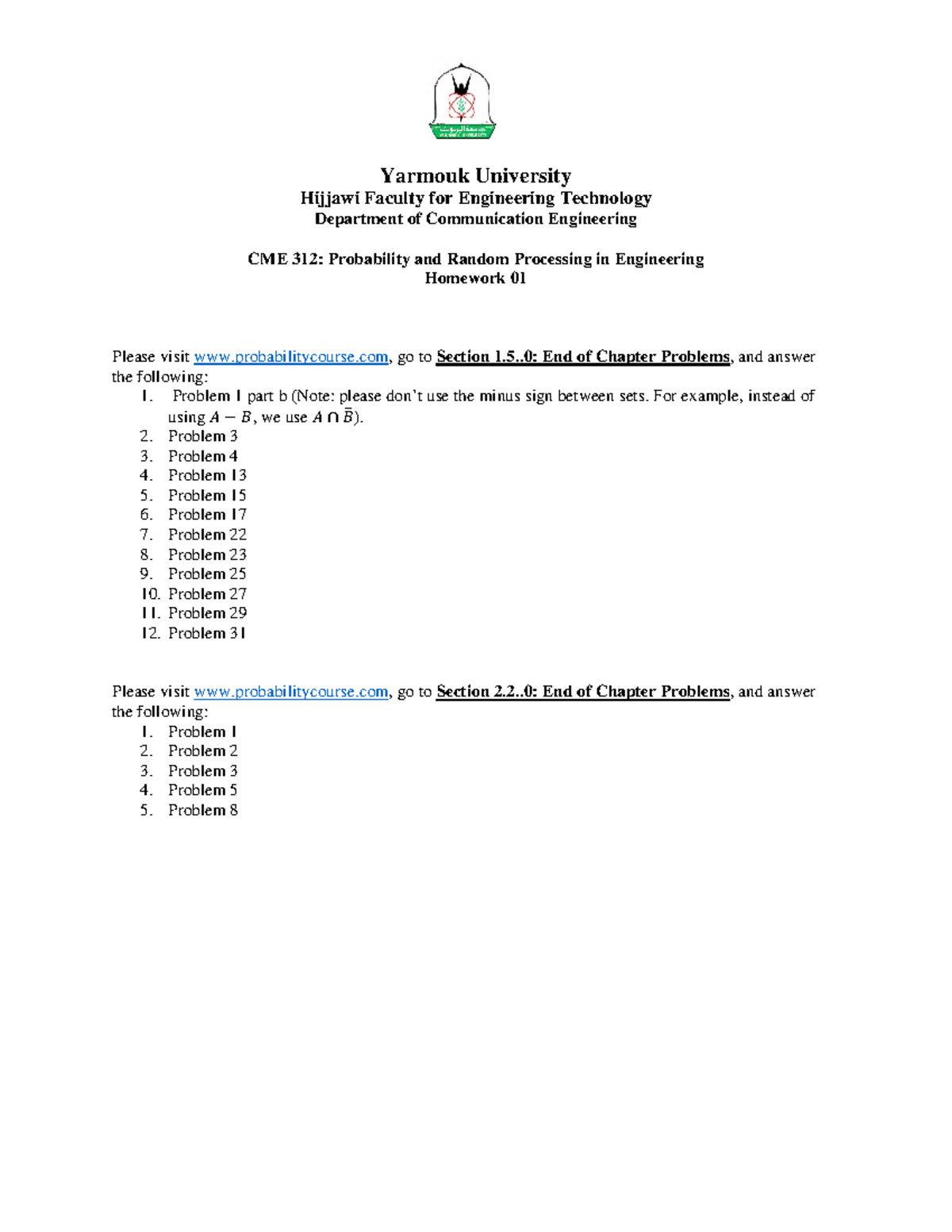 Homework 01 - Yarmouk University Hijjawi Faculty for Engineering Technology Department of - Studocu