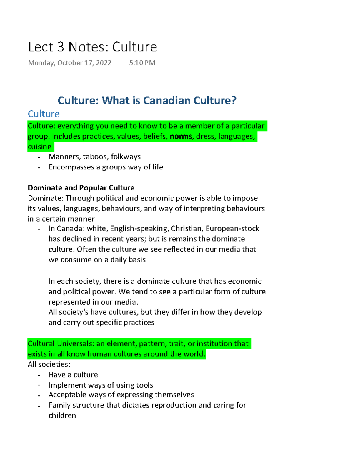 Lect 3 Notes Culture - Culture: What is Canadian Culture? Culture ...