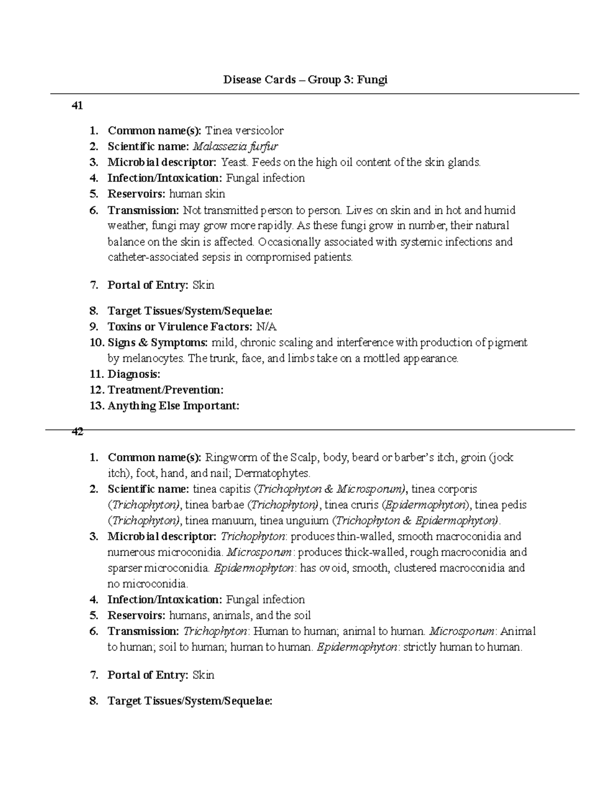 Disease Cards - more bacteria - Disease Cards Group 3: Fungi 41 1. 2. 3 ...