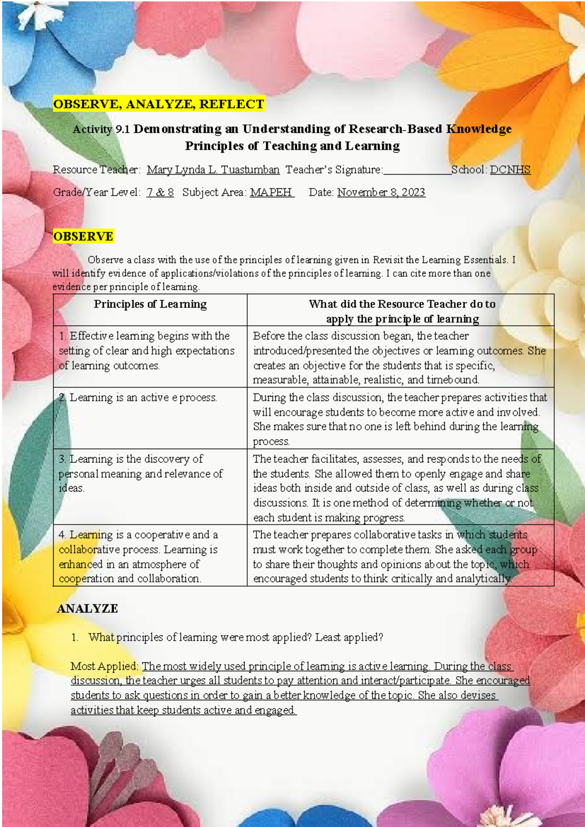 Episode-9 - Key Answer - OBSERVE, ANALYZE, REFLECT Activity 9 ...