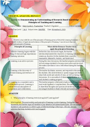 FS Episode 1 - Key answer - OBSERVE, ANALYZE, REFLECT ####### Activity ...