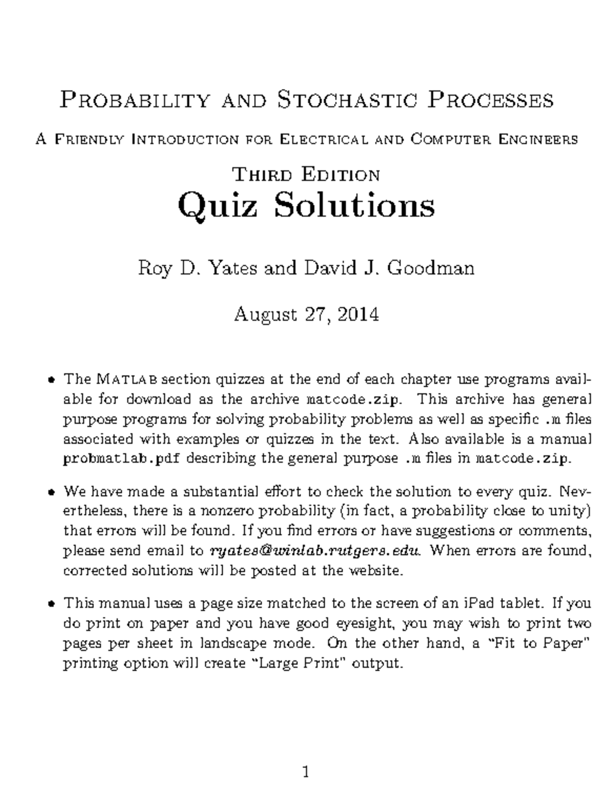 Probability and stochastic processes 3rd edition roy yates quizsol ...