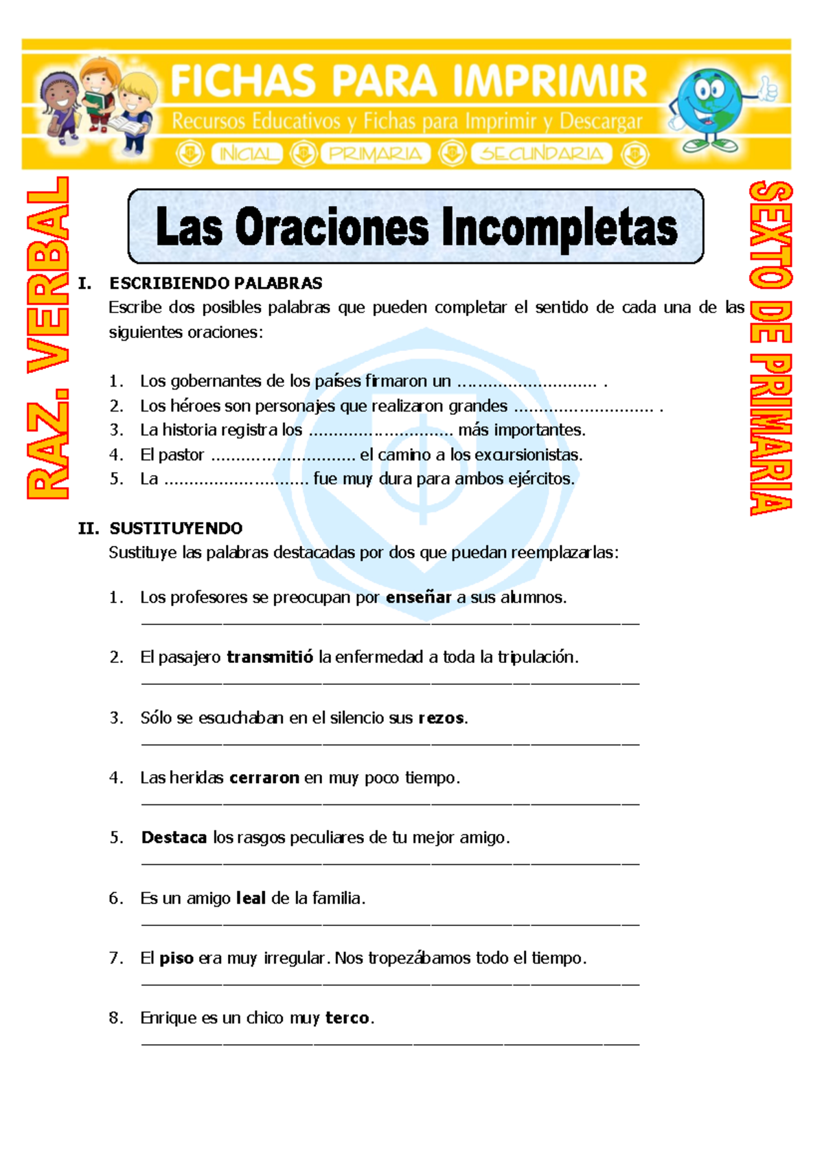 Las Oraciones Incompletas para Sexto de Primaria - I. ESCRIBIENDO ...