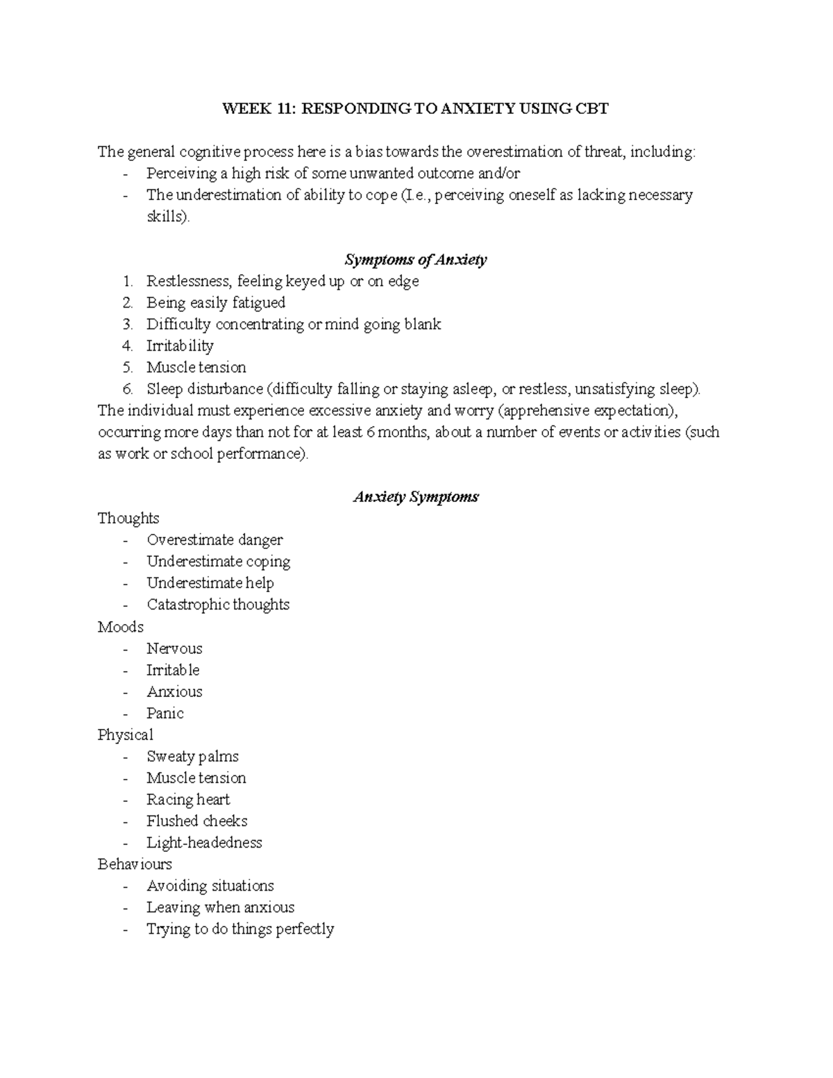 COU200 WEEK 11 Responding TO Anxiety Using CBT Notes - WEEK 11 ...