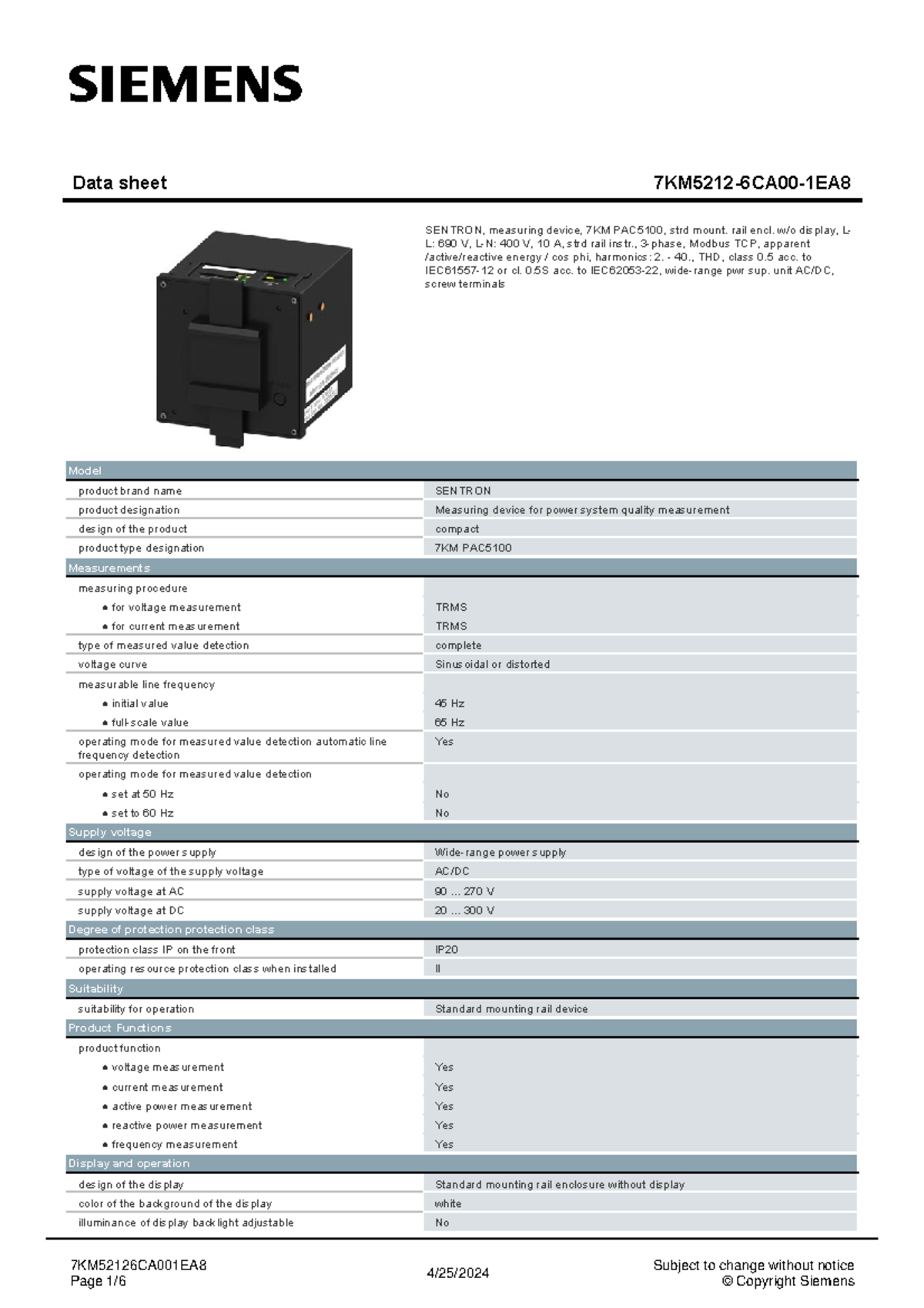 7KM52126 CA001EA8 datasheet en - Data sheet 7KM5212-6CA00-1EA SENTRON ...