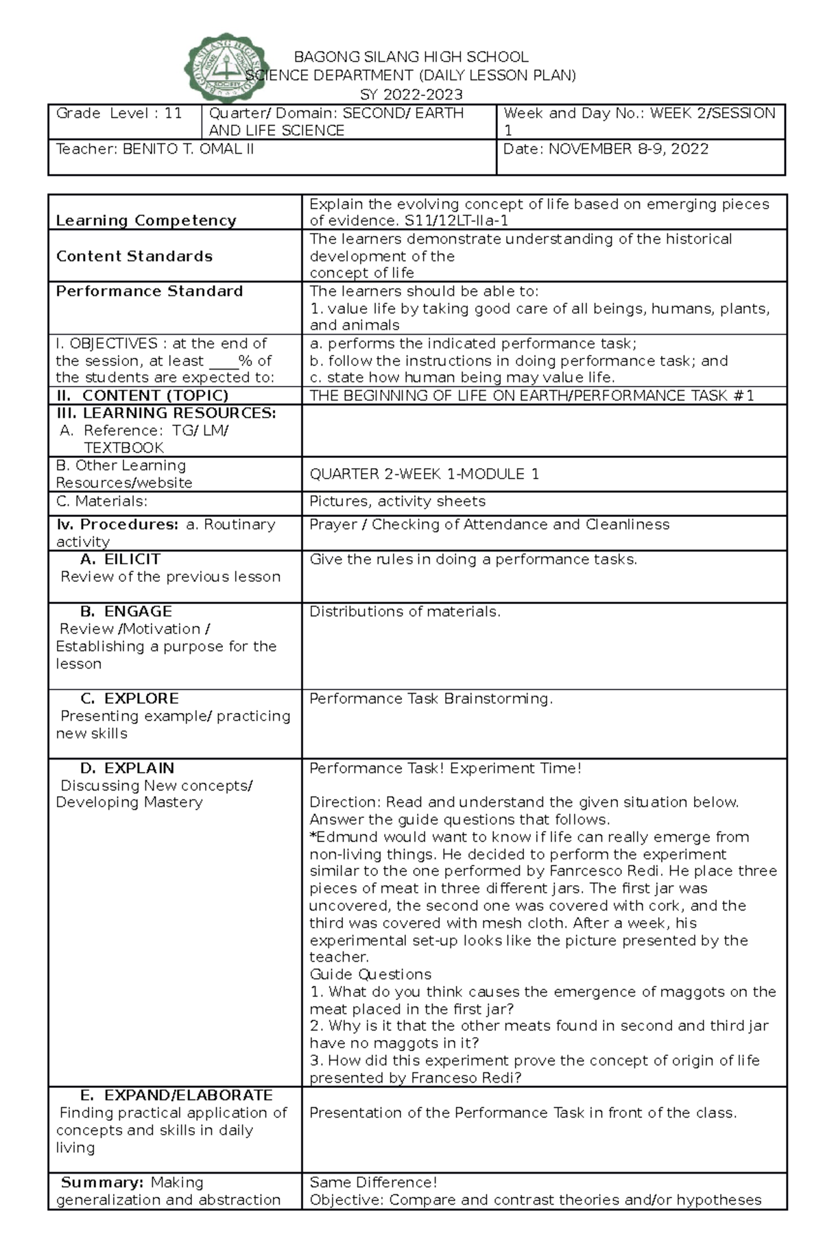 DLP-Performance Task - 1 - BAGONG SILANG HIGH SCHOOL SCIENCE DEPARTMENT ...