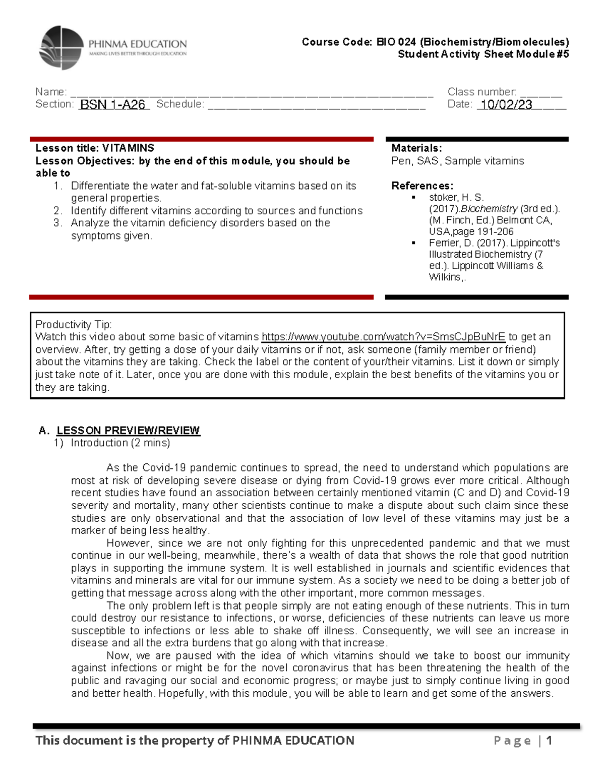 SAS for Biochemistry BIO 024 Module 5 - Student Activity Sheet Module ...