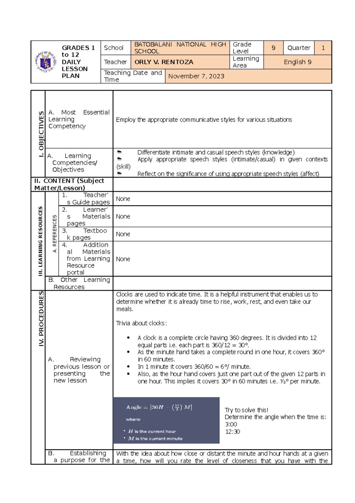 Q1COT1 - It is a sample lesson plan - 3 GRADES 1 to 12 DAILY LESSON ...