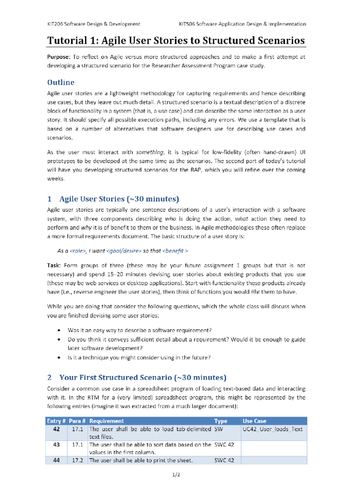 Tutorial 01 - User stories to structured scenarios (week 2) - KIT206 KIT506 Software Design and ...