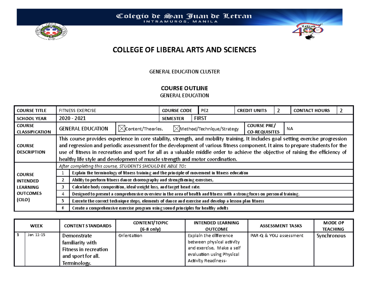 PE 2 Course Outline - jnksnkjafnd - GENERAL EDUCATION CLUSTER COURSE ...