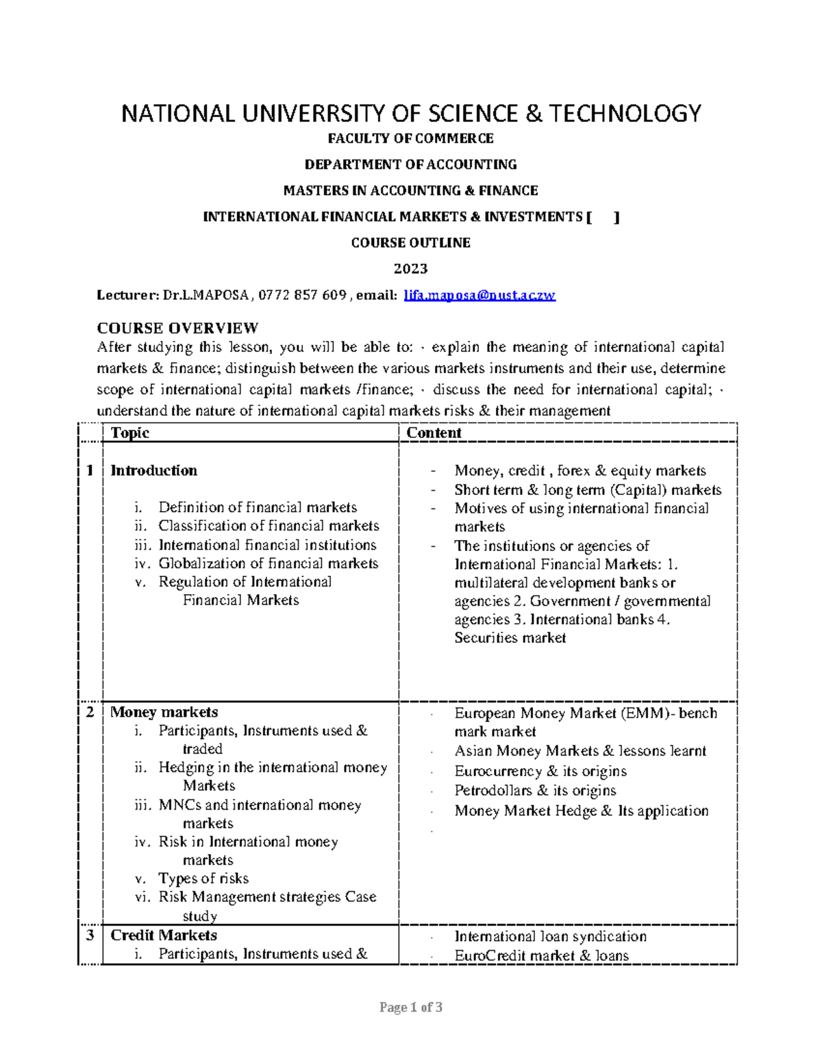 International Financial MKTS & Investments course outline- NUST.doc ...