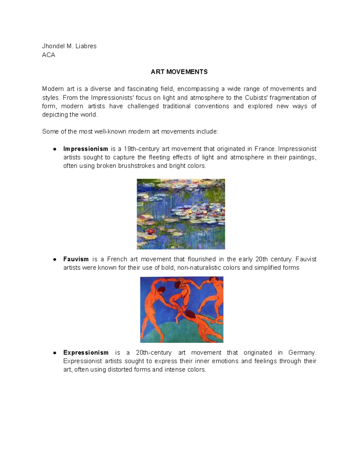 Modern Art movements - Jhondel M. Liabres ACA ART MOVEMENTS Modern art ...