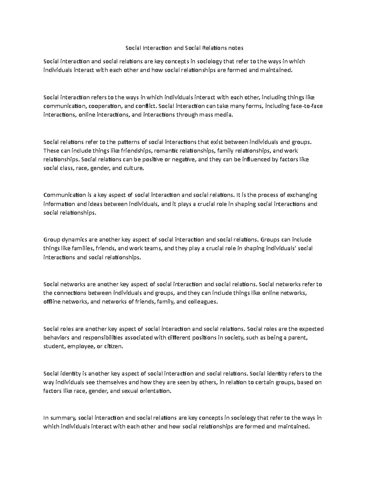 Social Interaction and Social Relations notes - Social interaction ...
