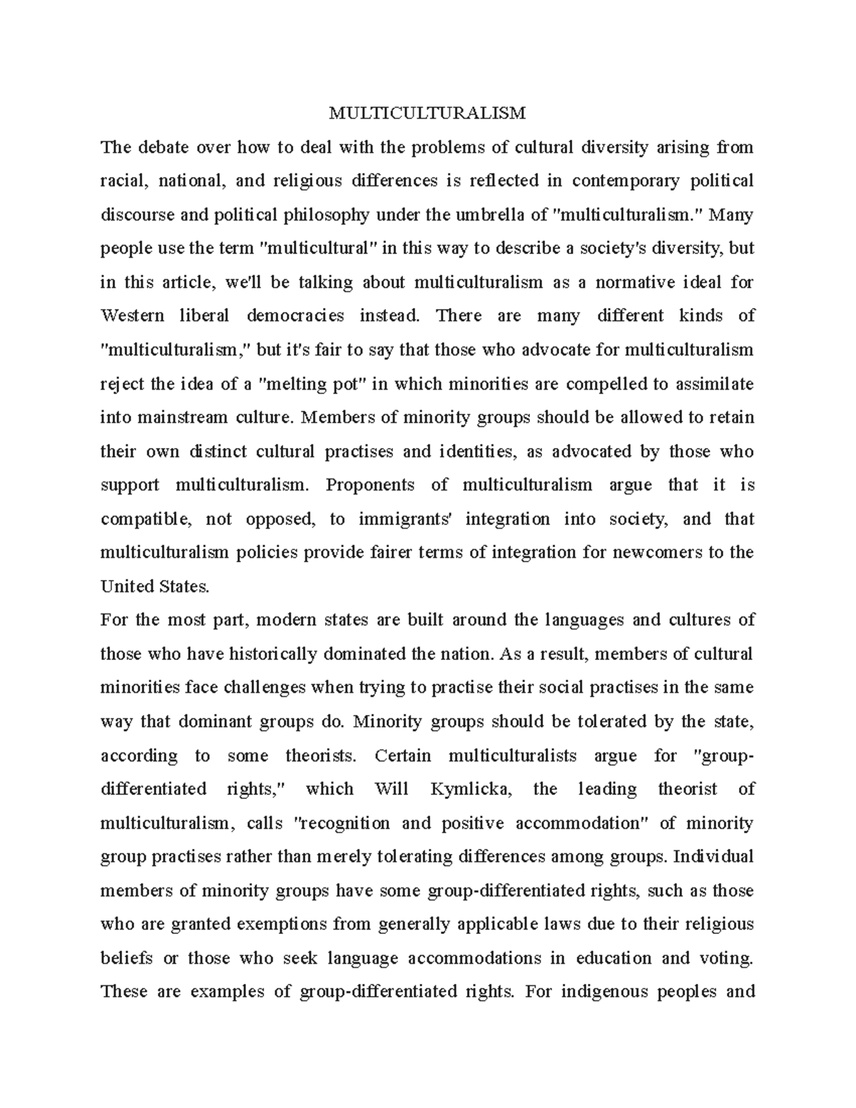 Multiculturalism - MULTICULTURALISM The debate over how to deal with ...