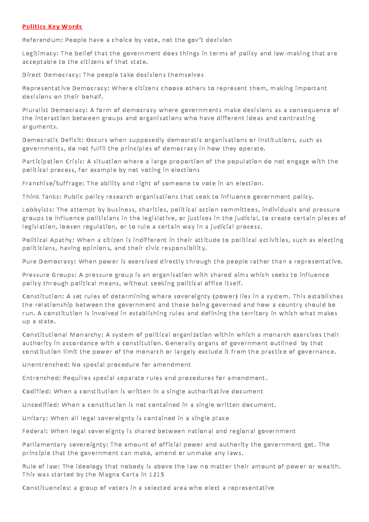 Politics Key Words - Politics Key Words Referendum: People have a ...