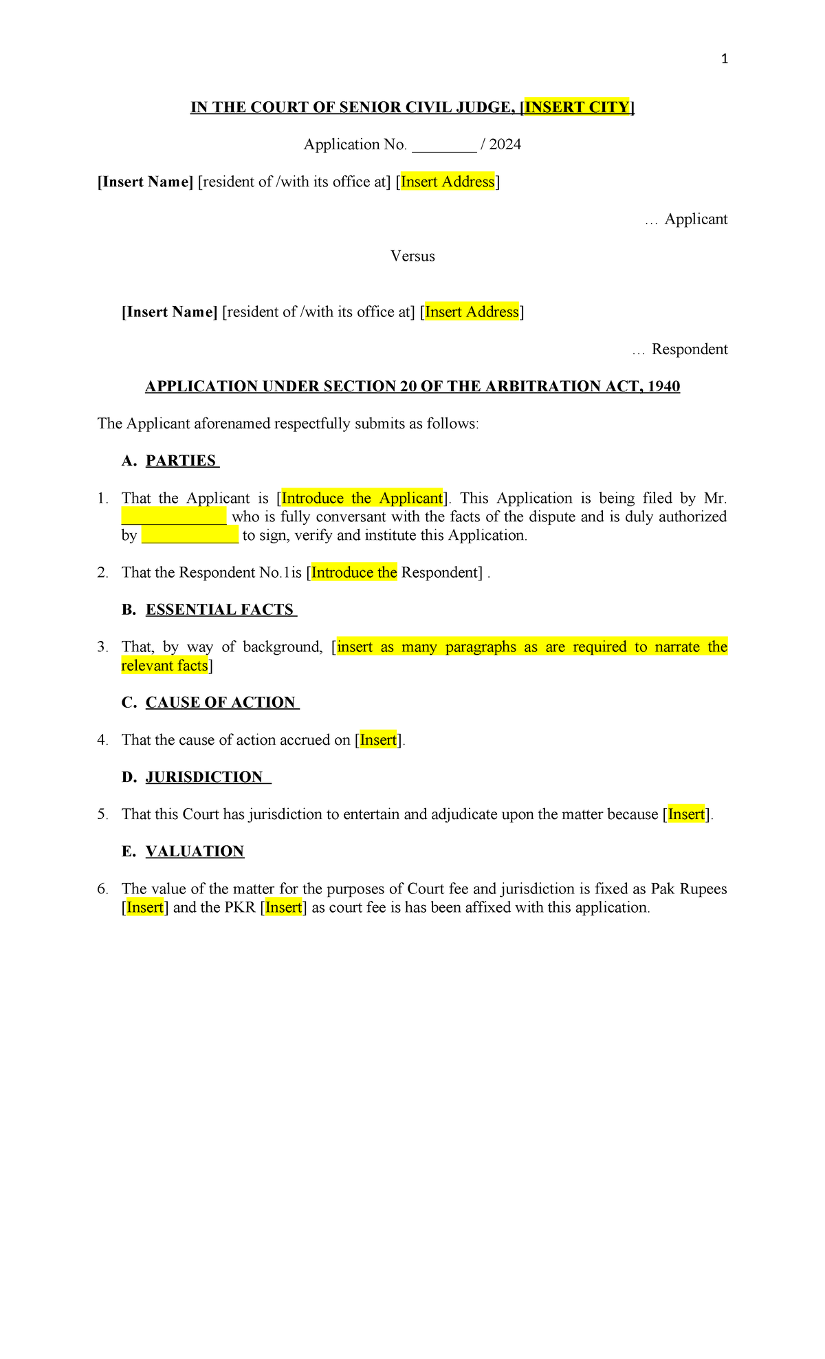 Sample Section 20 Arbitration Application - 1 IN THE COURT OF SENIOR ...