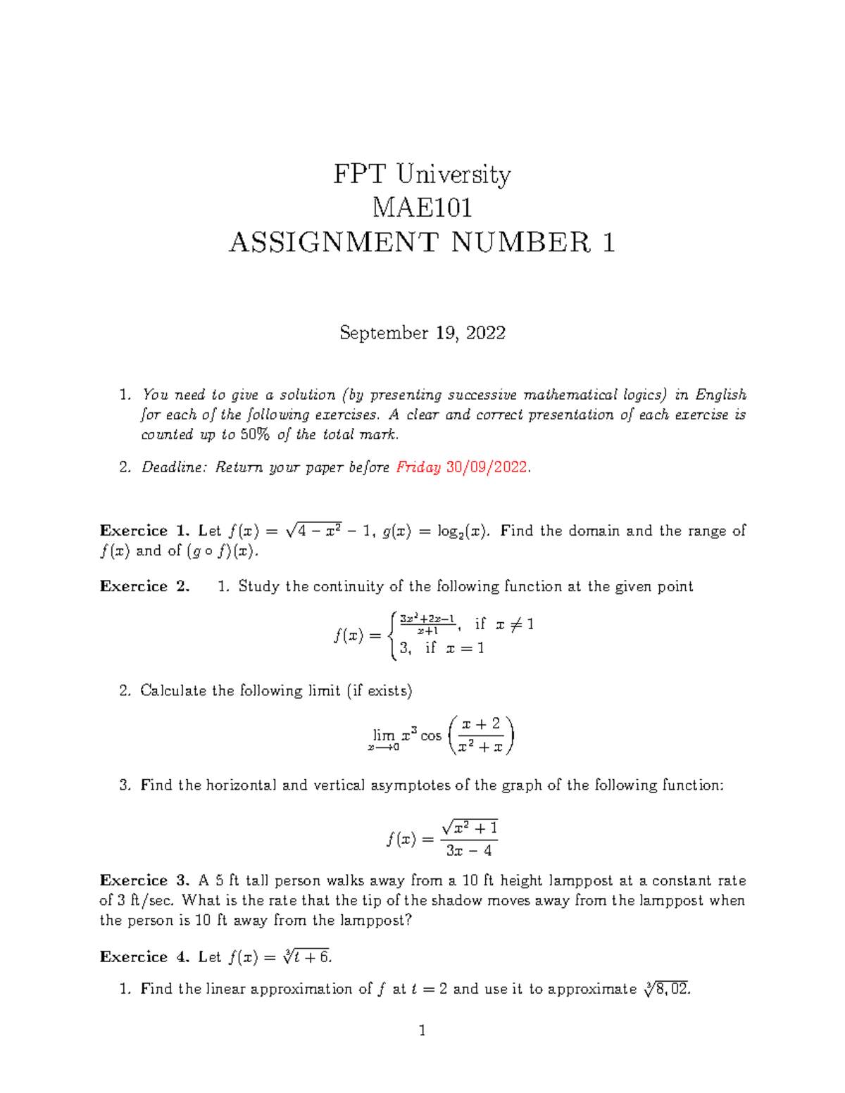 Assigment 1 - A111 - FPT University MAE ASSIGNMENT NUMBER 1 September 19, 2022 You need to give ...