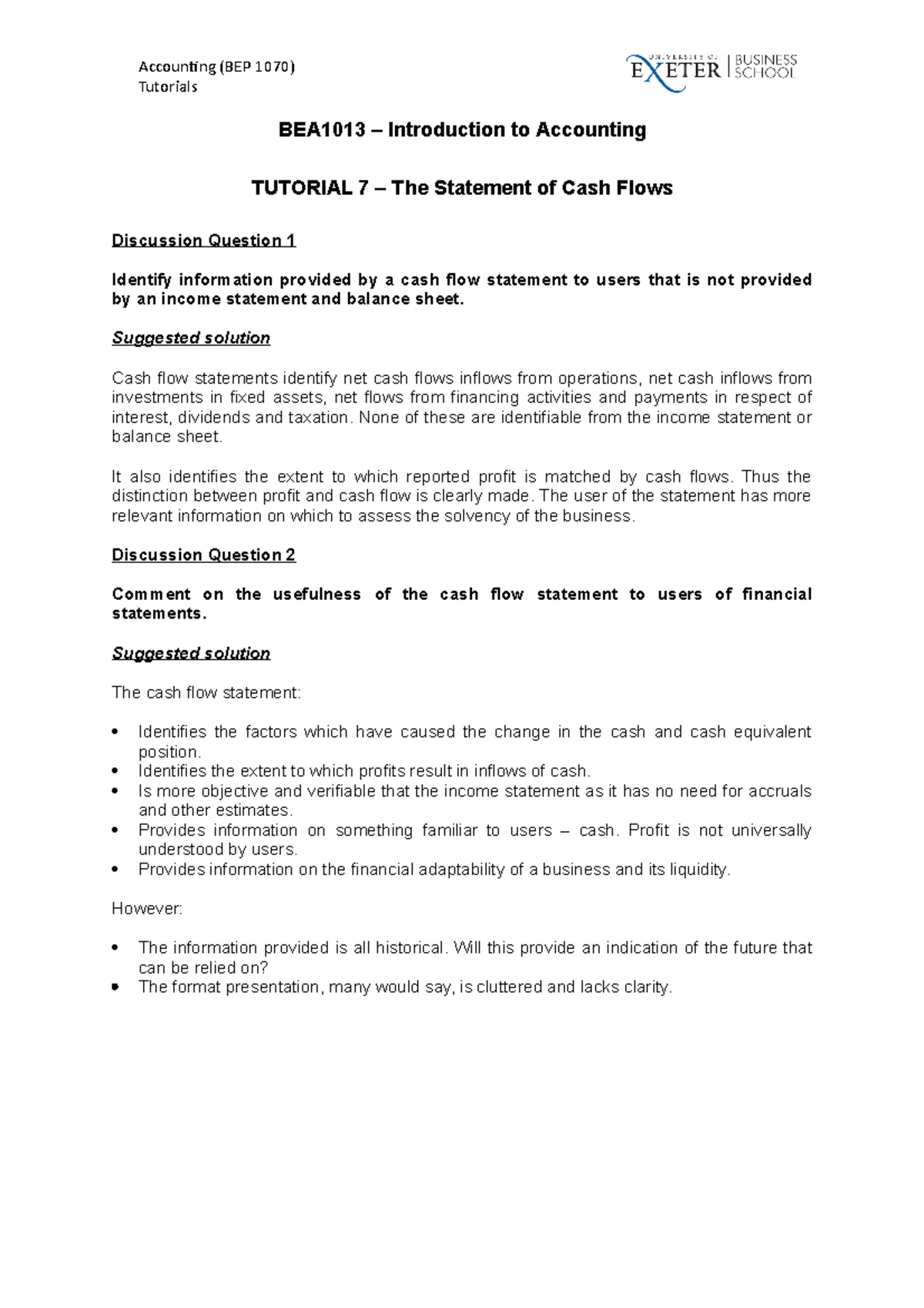 Tutorial week 7 - solution - Tutorials BEA1013 – Introduction to ...