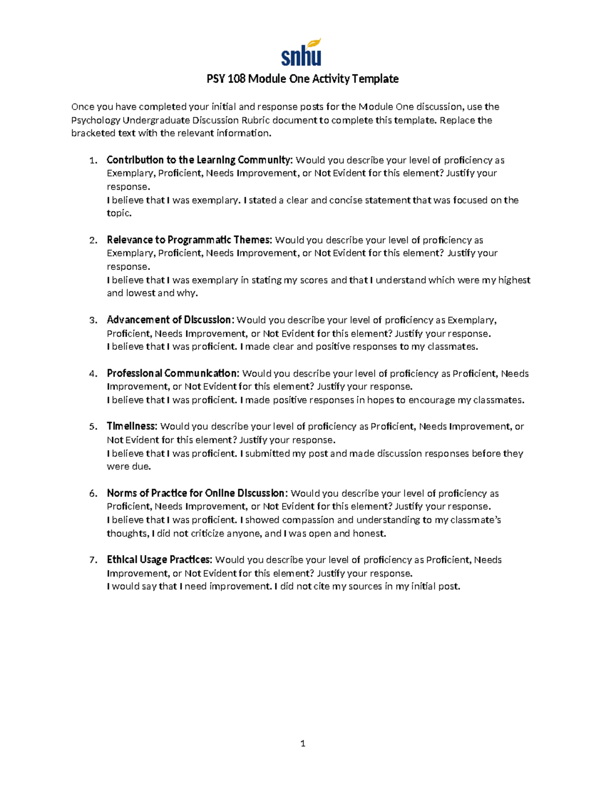 PSY 108 Module One Activity - Replace the bracketed text with the ...