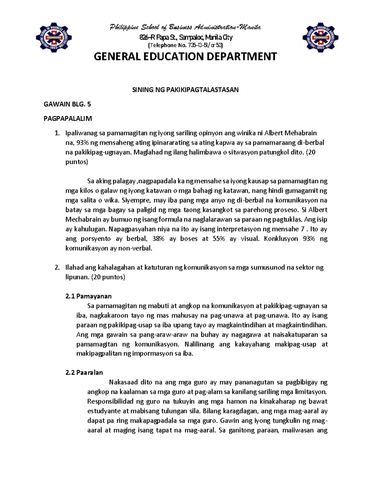 Gawain 5- Sining ng Pakikipagtalastasan- Liera - Philippine School of ...