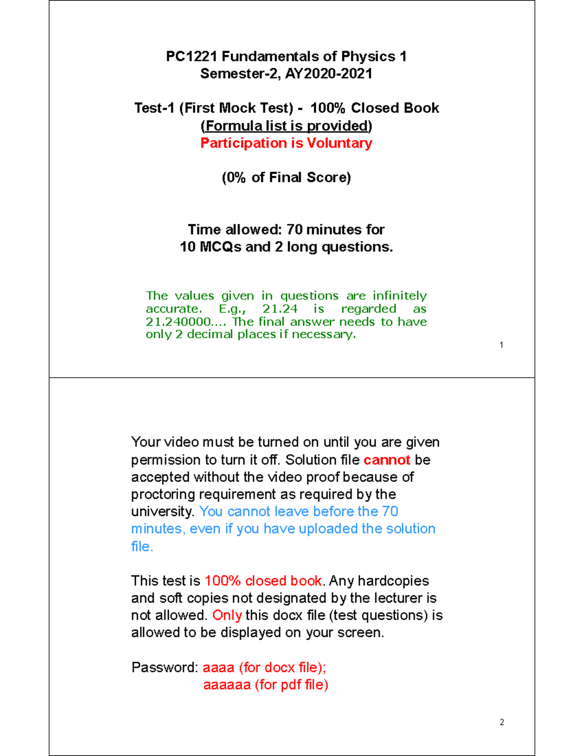 Test 1 First Mock Test Solution - PC1221 Fundamentals of Physics 1 ...