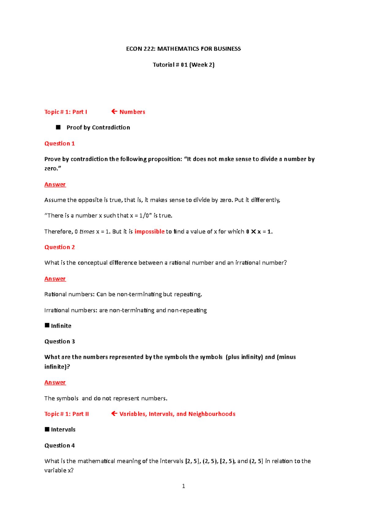 222, Tute # 01 (Answers) DONE - ECON 222: MATHEMATICS FOR BUSINESS Tutorial # 01 (Week 2) Topic ...