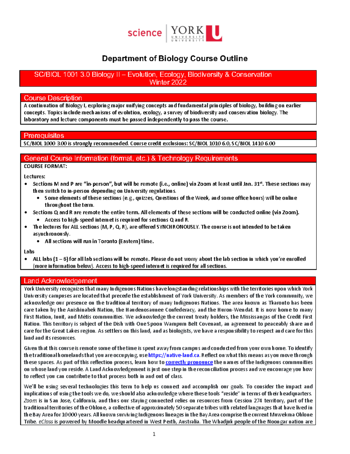 BIOL 1001 Course Outline (2022) - Department of Biology Course Outline ...