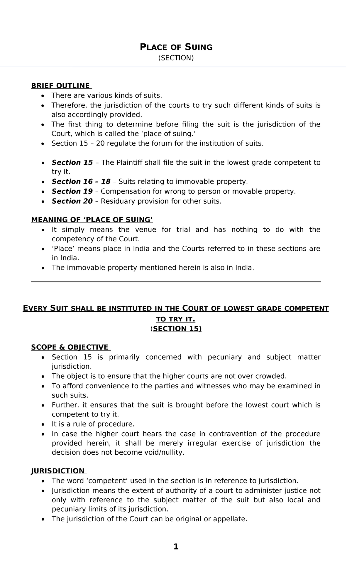 456558147 Place of Suing docx - PLACE OF SUING (SECTION) BRIEF OUTLINE ...