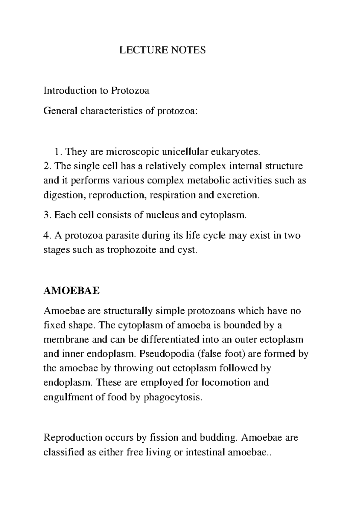 BMM 301 Introduction to Protozoa - LECTURE NOTES Introduction to ...