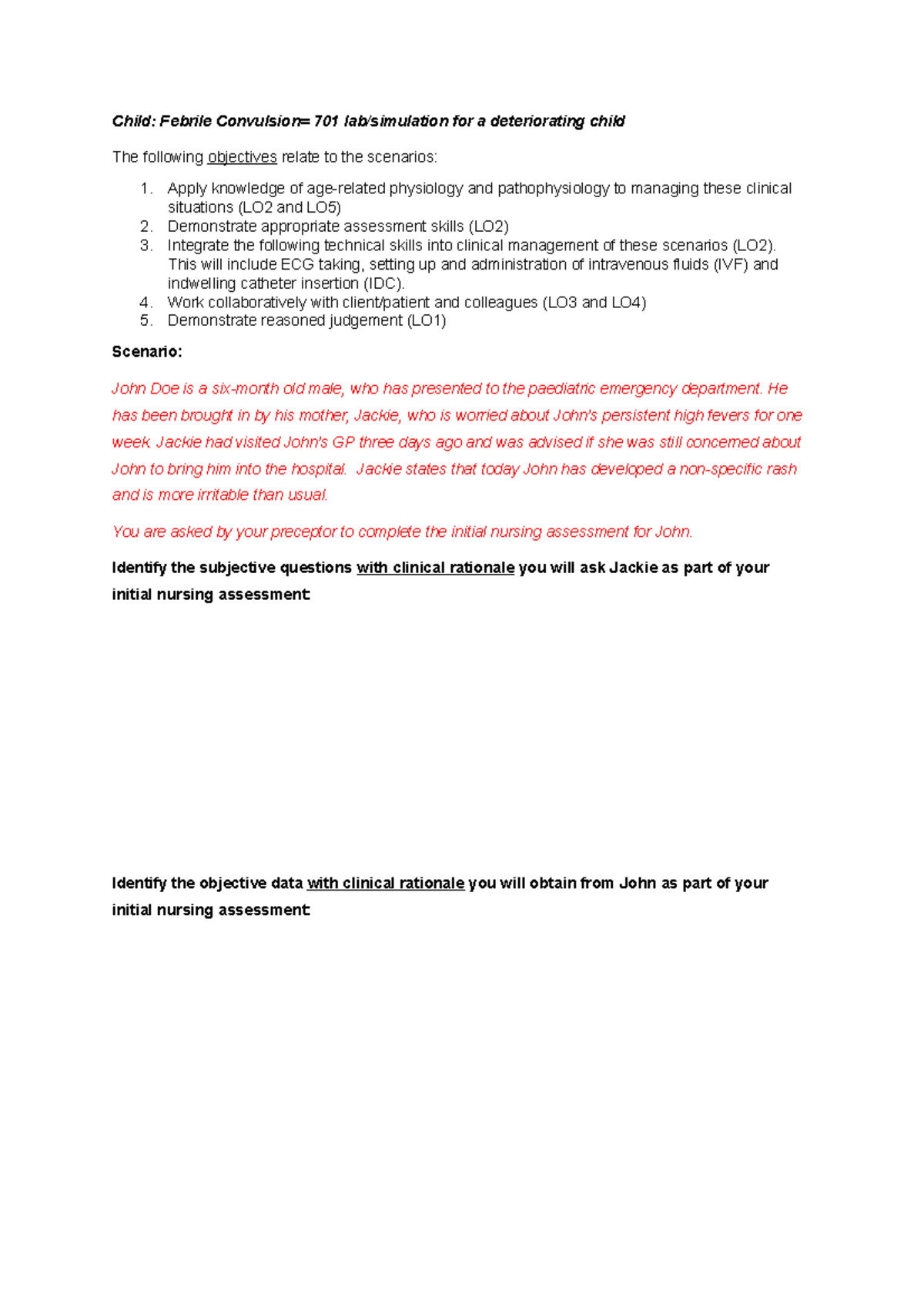 Deteriorating Child worksheet - Child: Febrile Convulsion= 701 lab ...