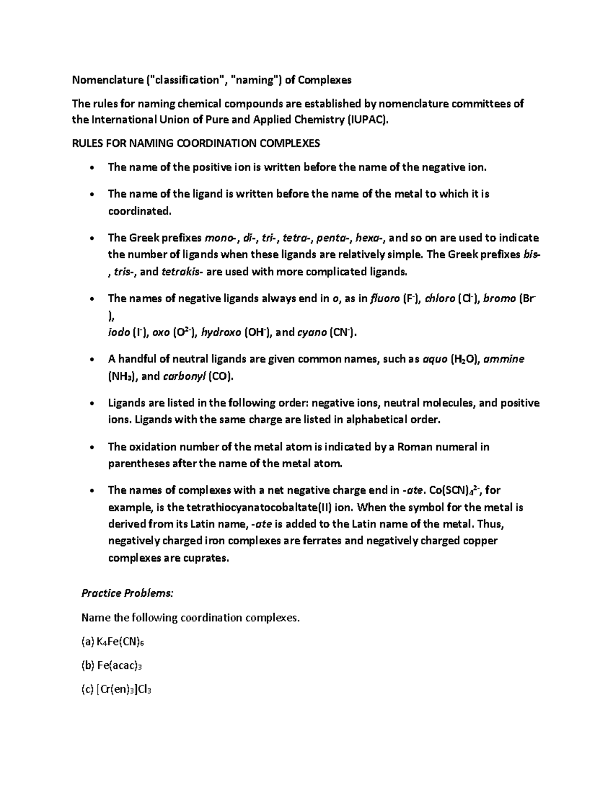 Nomenclature of Transition Metal Complexes - Nomenclature ...