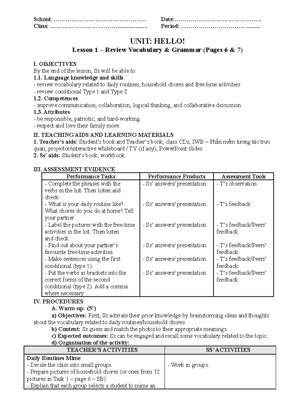 Unit Hello - Lesson 1 - Review Vocab. & Gram. - Pages 6 & 7 - School ...