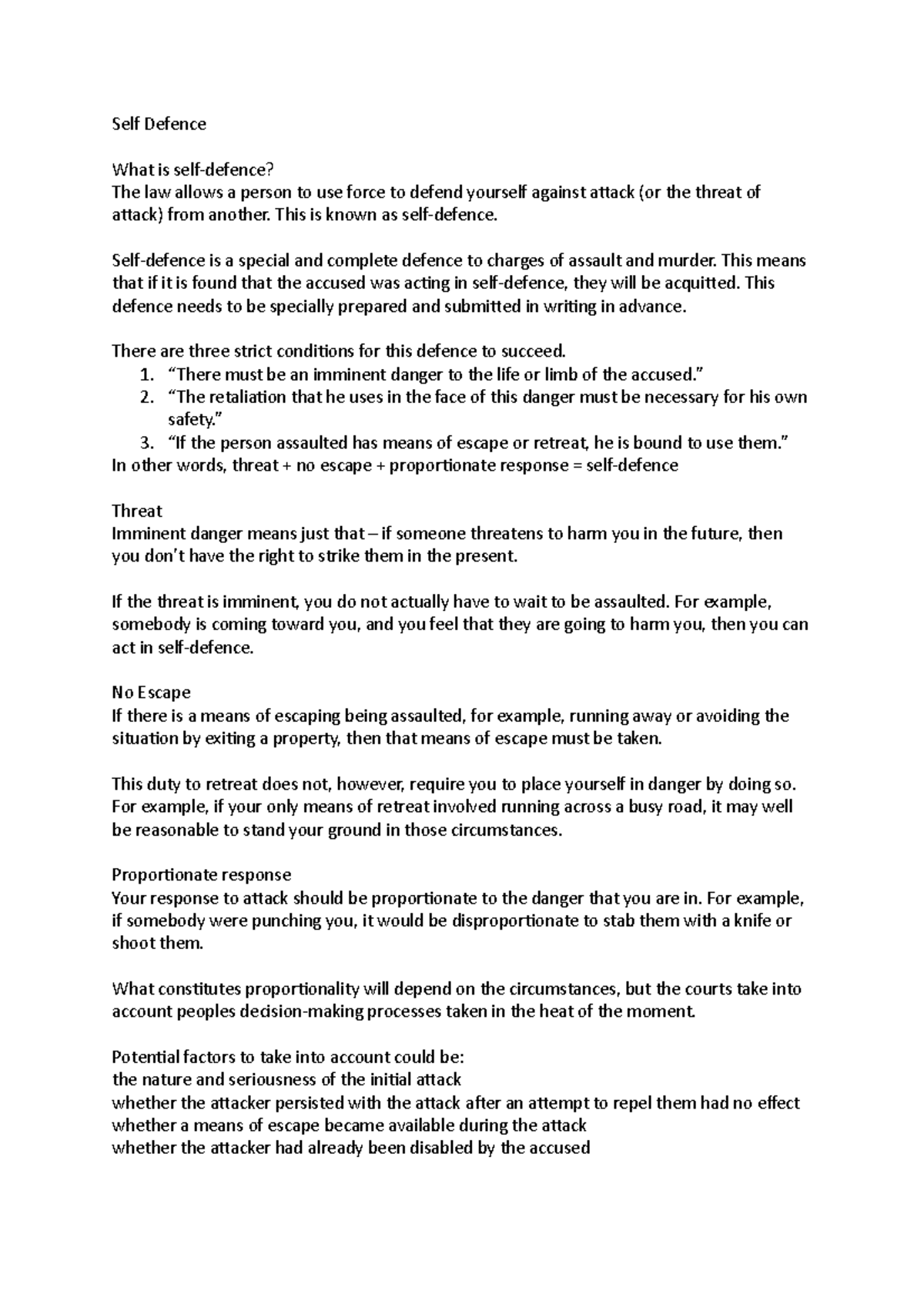 Self Defence Notes - Self Defence What is self-defence? The law allows ...