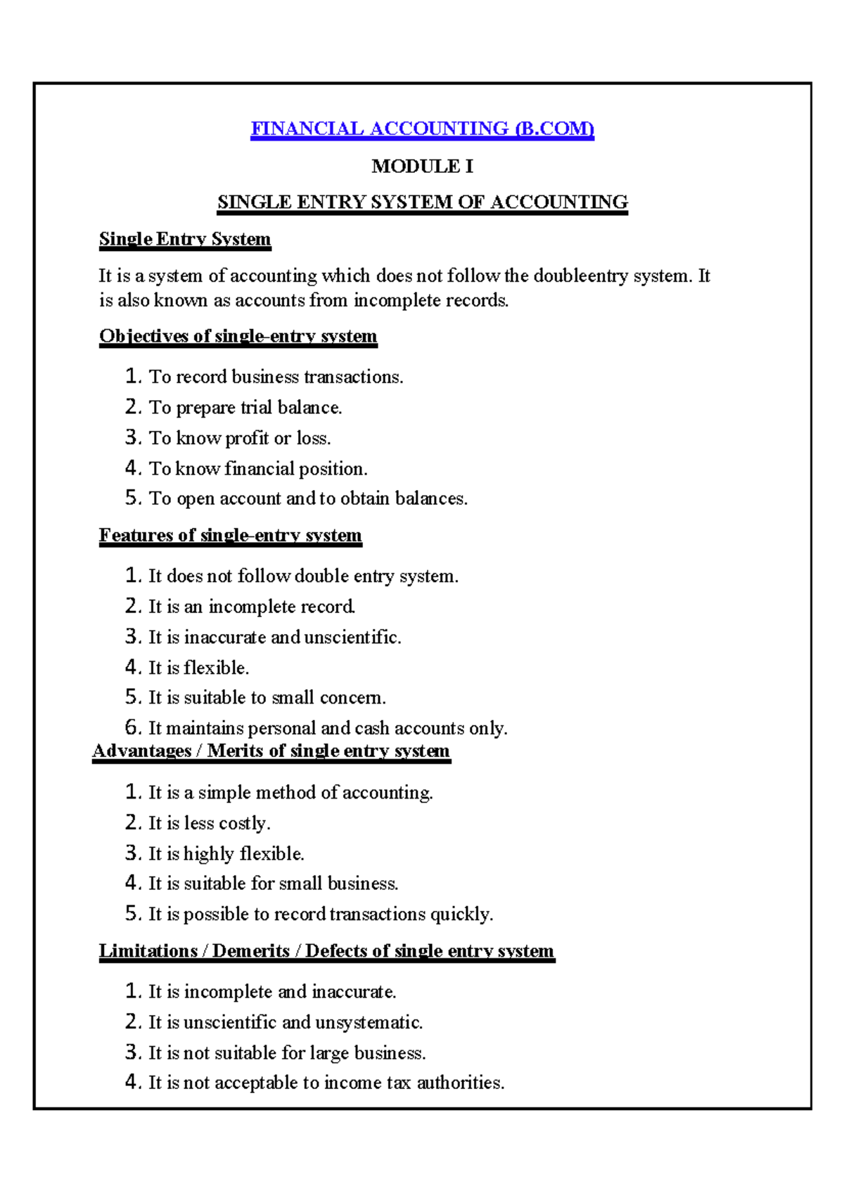 Financial Accounting Note - FINANCIAL ACCOUNTING (B) MODULE I SINGLE ...
